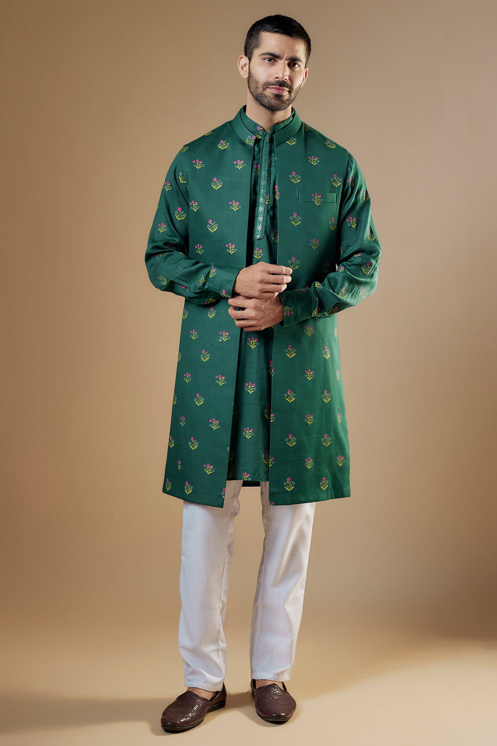 Mens Green Printed Open Jacket Kurta Set – Spring Break